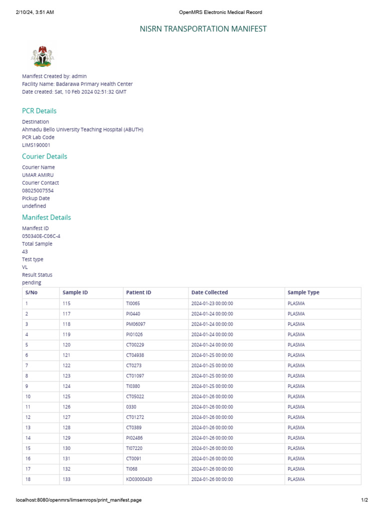 BADARAWA PHC MANIFEST - OpenMRS Electronic Medical Record | PDF ...