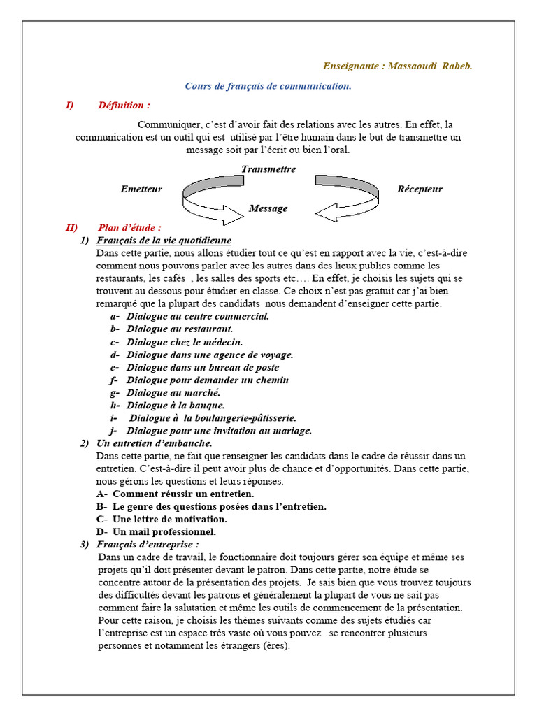 Cours de communication en français | PDF | la communication | Entretien ...
