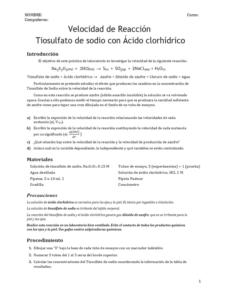 Velocidad de Reacción Tiosulfato de Sodio Con HCL | PDF | Ciencia y ...