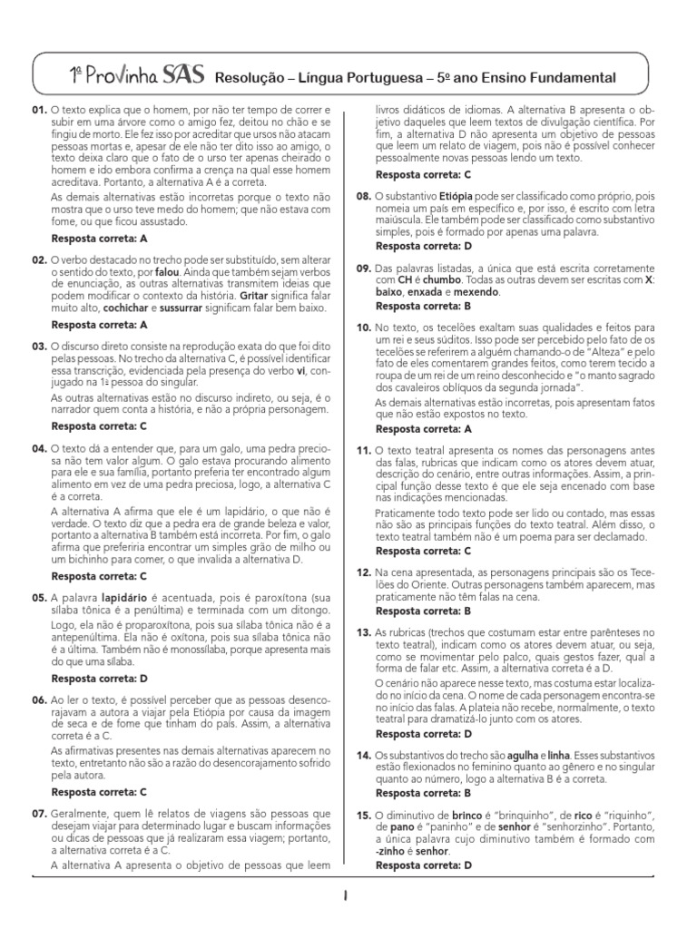 GABARITO Provinha SAS de PortuguÃ S 2020. | PDF | Sílaba | Palavra