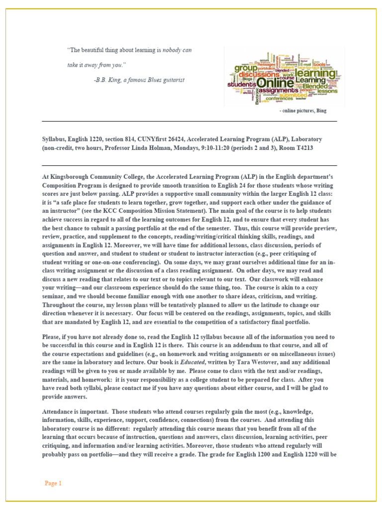 ALP English 1220 Syllabus Overview | PDF | Lesson Plan | Cognitive Science
