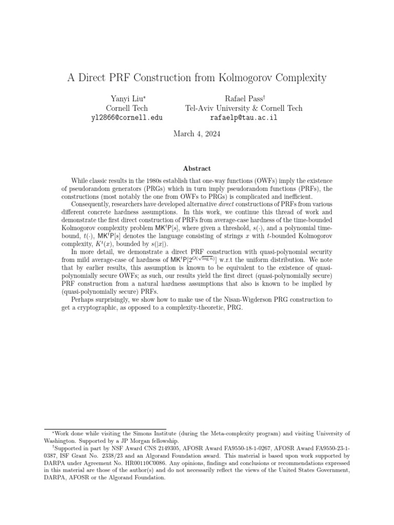 A Direct PRF Construction From Kolmogorov Complexity | PDF | Applied Mathematics | Computational ...
