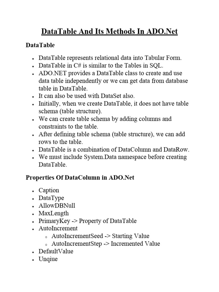 DataTable and Its Methods in | PDF | Table (Database) | Language Integrated Query