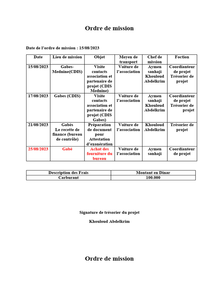 Ordre de Mission | PDF
