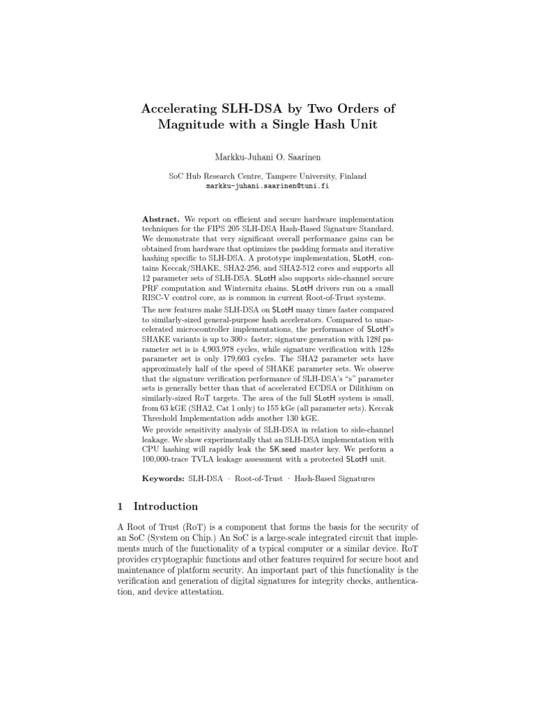 Accelerating SLH-DSA by Two Orders of Magnitude With A Single Hash Unit | PDF