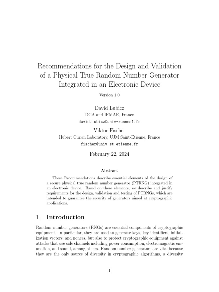 Recommendations For The Design and Validation of A Physical True Random ...