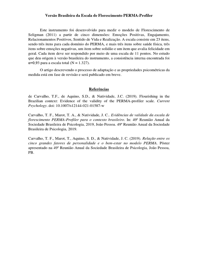 Versão Brasileira Da Escala De Florescimento Perma Profiler Site Do