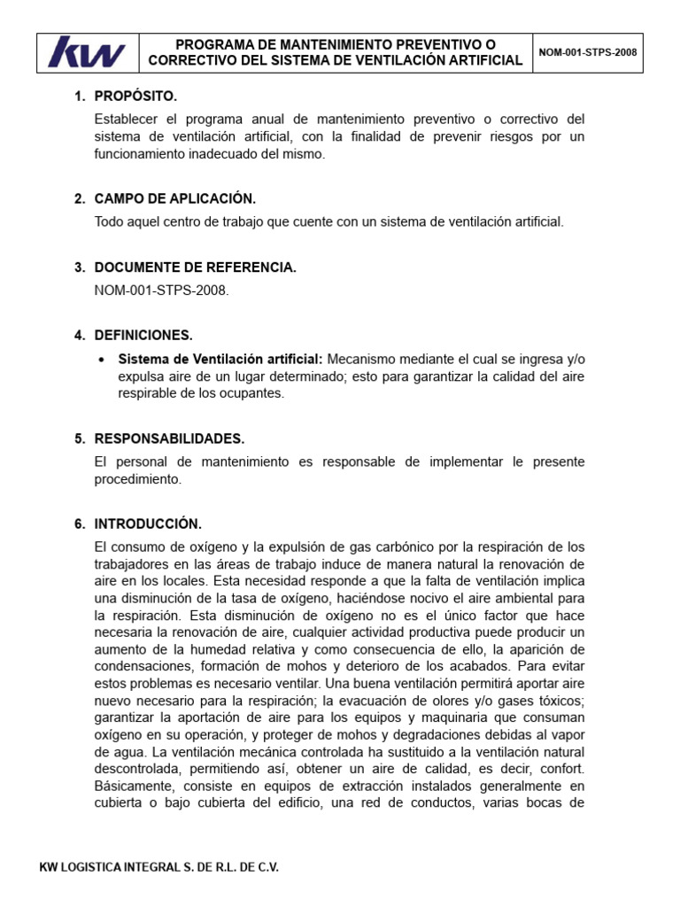 KW23-004 Programa de Mtto. Al Sistema de Ventilación Artificial - KW Logistica | PDF ...