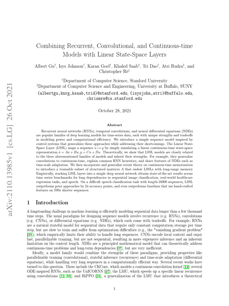 Combining Recurrent, Convolutional, and Continuous-Time Models With Linear State-Space Layers ...