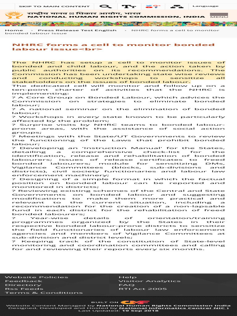 NHRC Forms A Cell To Monitor Bonded Labour Issue | PDF | Rights | Human ...
