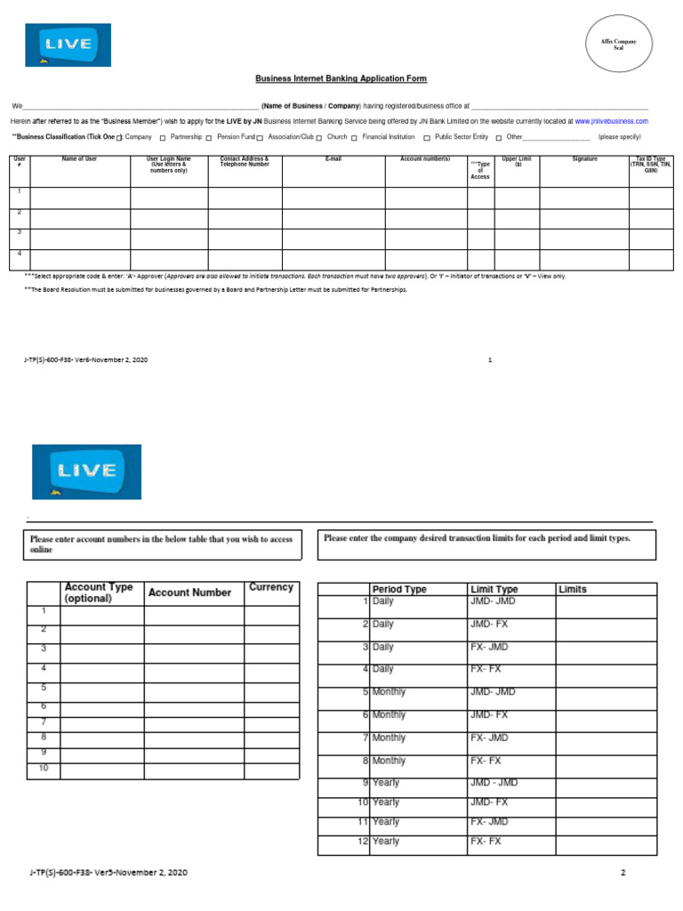 LIVE by JN Business Internet Banking Application Form | PDF