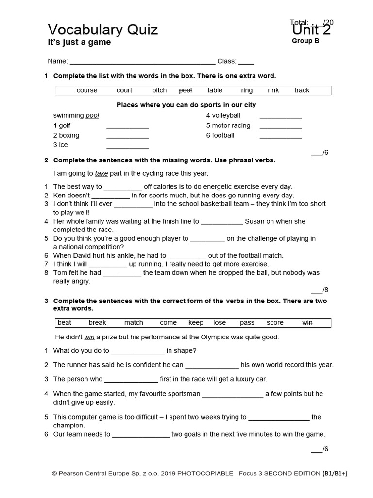 Focus 3 Unit 2 Vocabulary Quiz | PDF | Sports