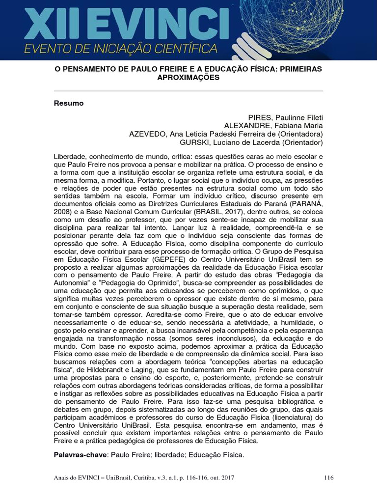 O Pensamento de Paulo Freire e A Educação Física - Primeiras ...