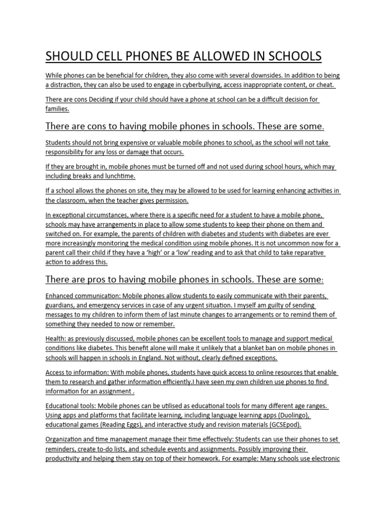 Should Cell Phones Be Allowed in Schools | PDF | Cyberbullying | Mobile ...