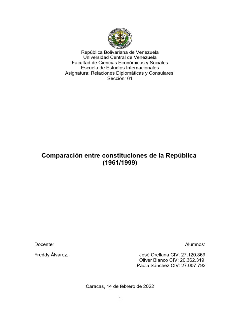Comparacion De Constituciones 1961 Y 1999 Pdf Constitución Nación