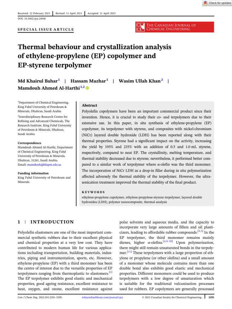 Can J Chem Eng - 2023 - Bahar - Thermal Behaviour and Crystallization Analysis of Ethylene ...