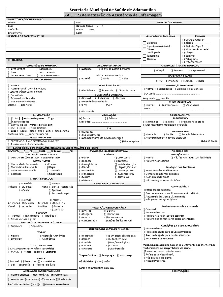Modelo de Ficha SAE de Enfermagem | PDF | Doenças e distúrbios ...