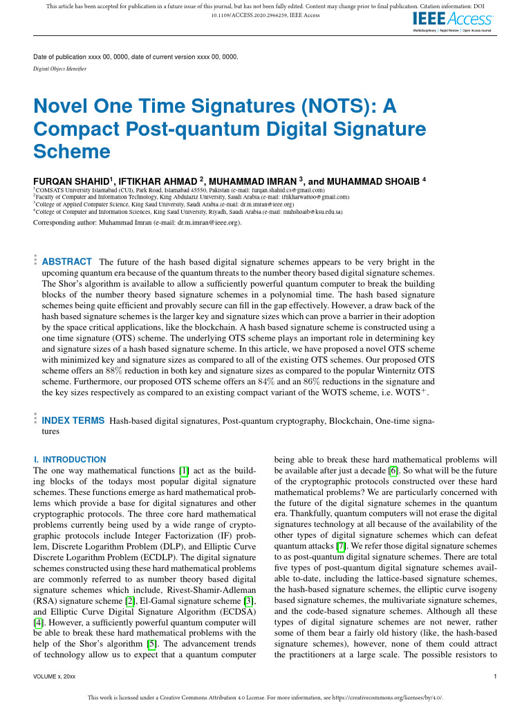 Novel One Time Signatures (NOTS) : A Compact Post-Quantum Digital Signature Scheme | PDF ...