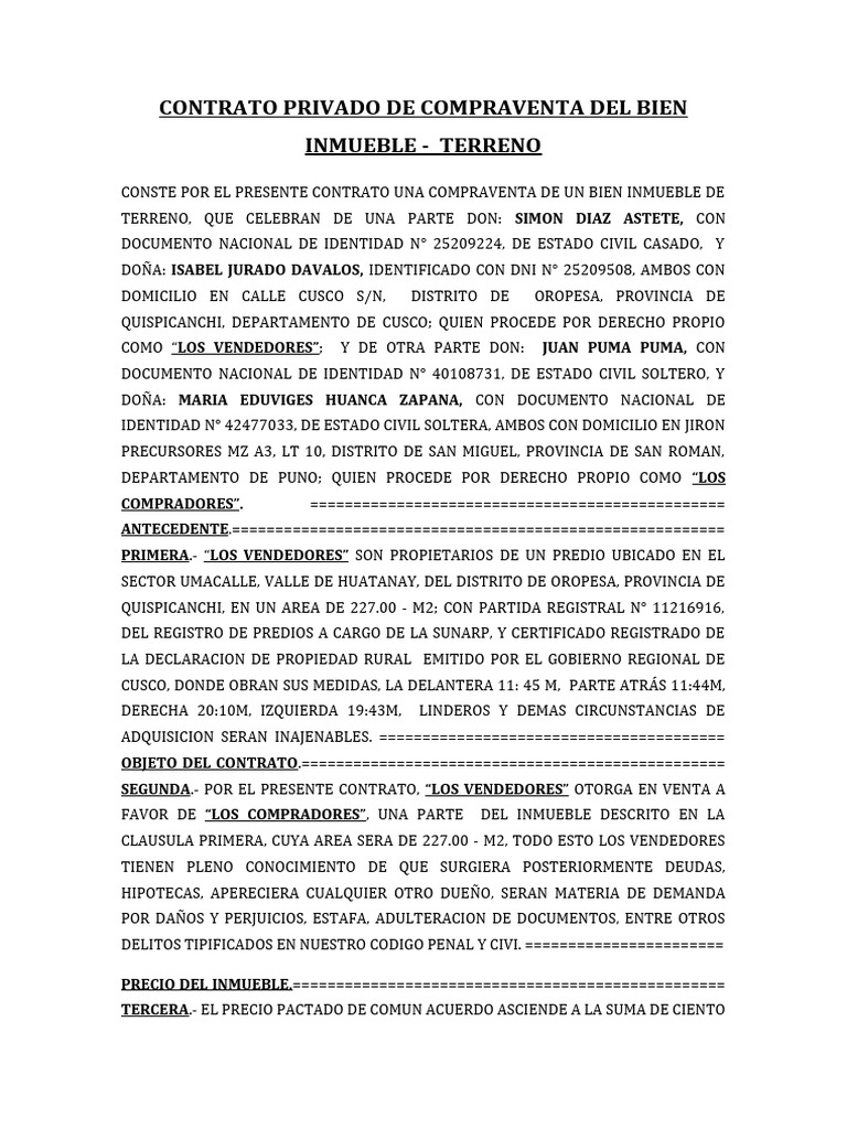 Contrato - Privado - de - Compraventa - de Juan Puma Puma Cusco | PDF | Derecho civil (sistema ...