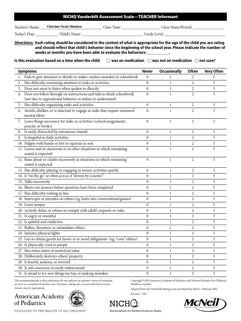 Teacher Vanderbilt Assessment Scale | PDF | Attention | Social Psychology