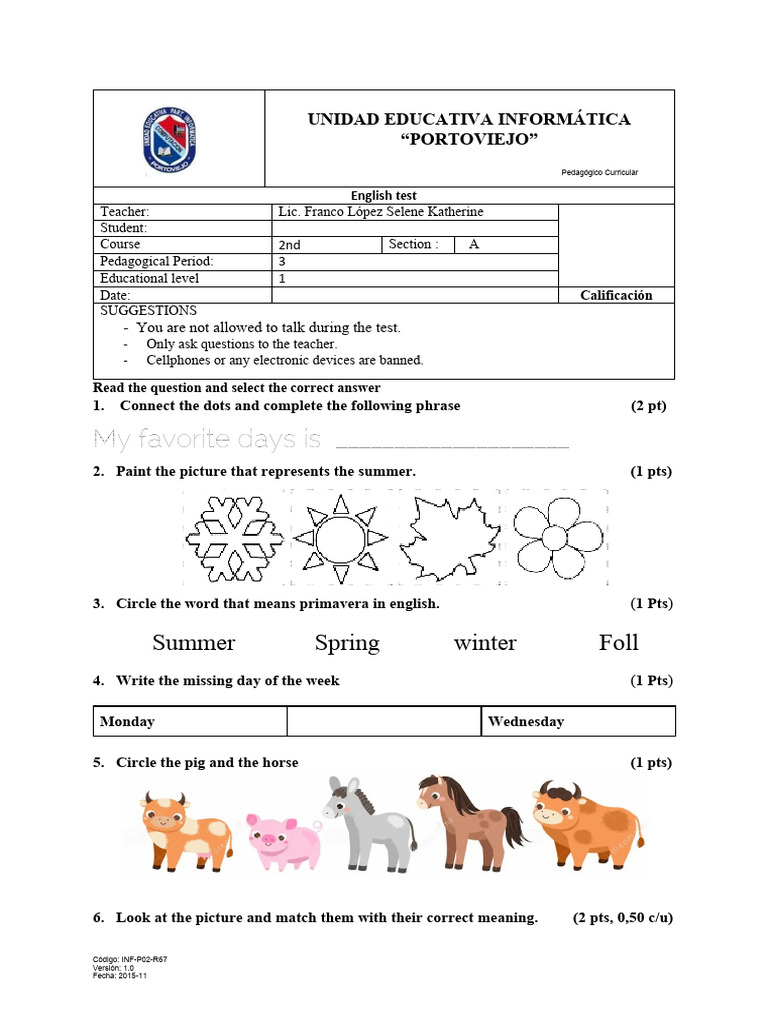 English Test 2do Basica | PDF