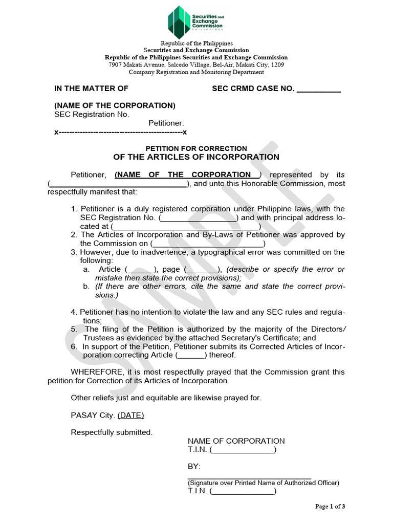 Petition For Correction Word Format | PDF | Affidavit | Government