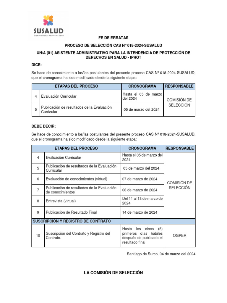 Fe de Erratas Proceso CAS 018-2024-SUSALUD | PDF