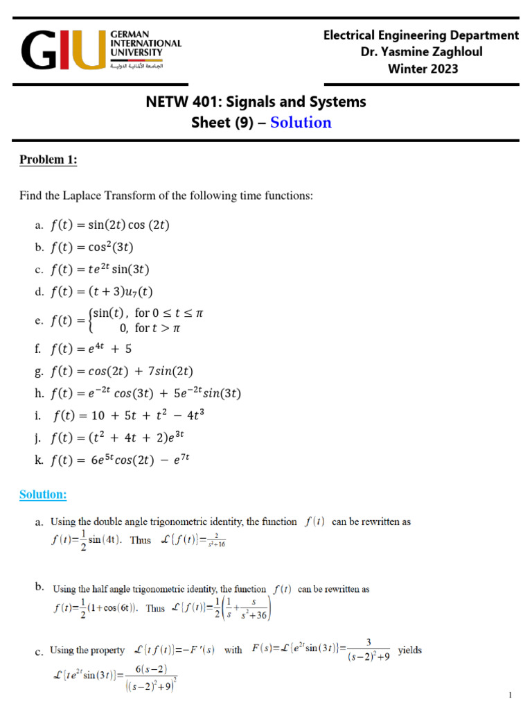 Worksheet Solution 9 Pdf Laplace Transform Mathematical Concepts