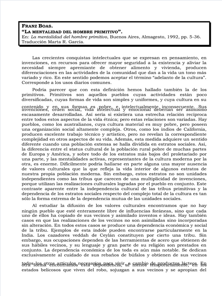 1.1 Boas, F. La Mentalidad Del Hombre Primitivo | PDF | Experiencia ...
