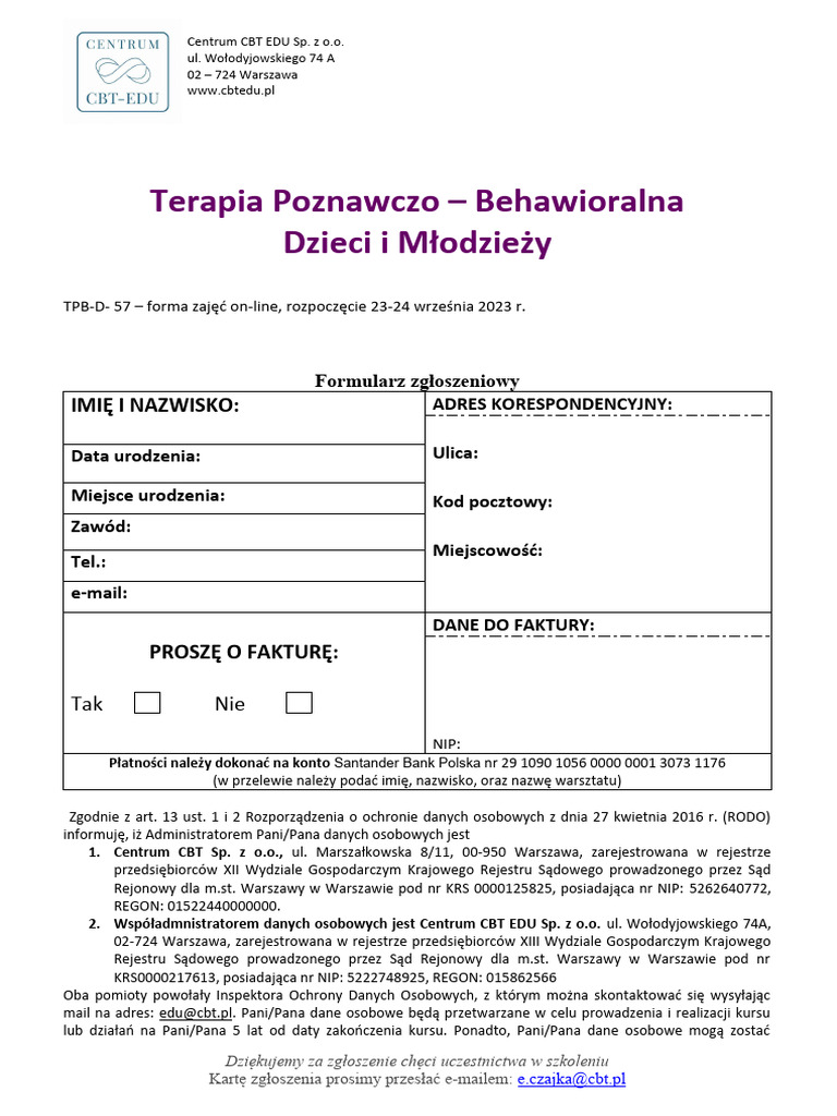 Formularz Zgloszeniowy Terapia P-B Dzieci I Mlodziezy 57 | PDF