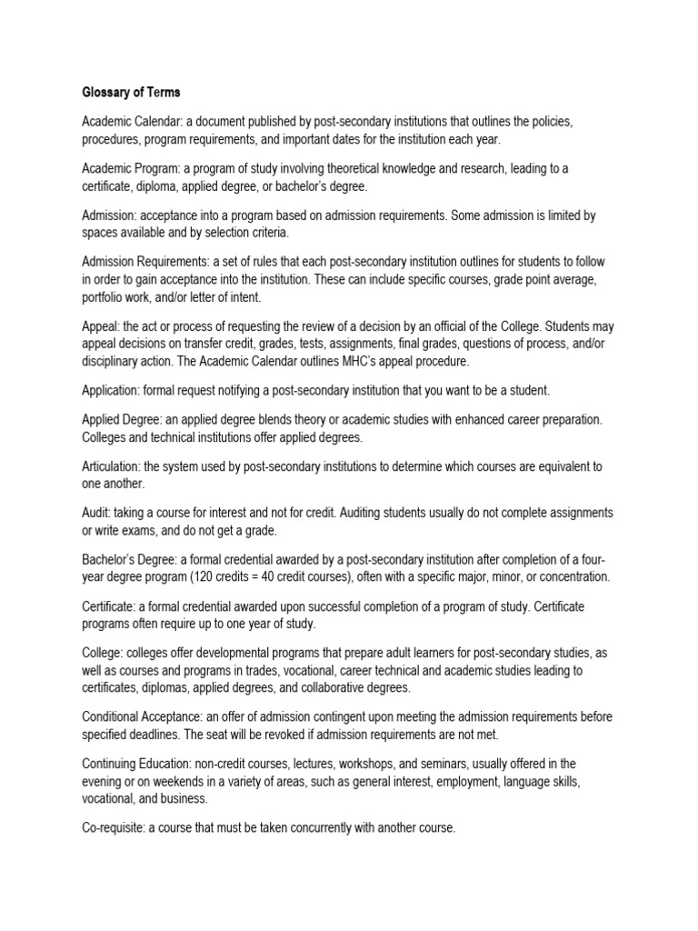 Glossary of Terms | PDF | University And College Admission | Academic Degree