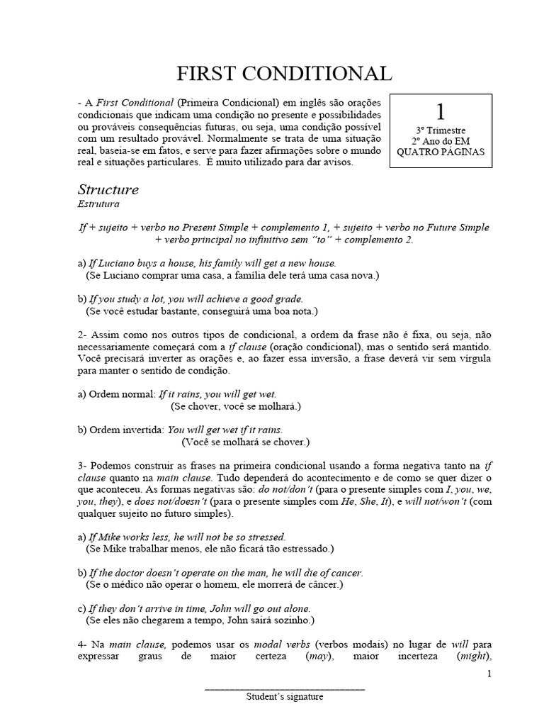 1 - First Conditional (2º Ano Do Ensino Médio - 3º Trimestre) | PDF ...