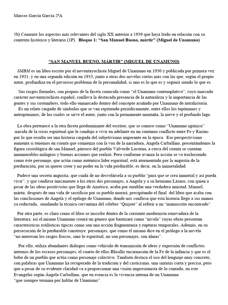 Resumen de "San Manuel Bueno Mártir" (Unamuno) | PDF