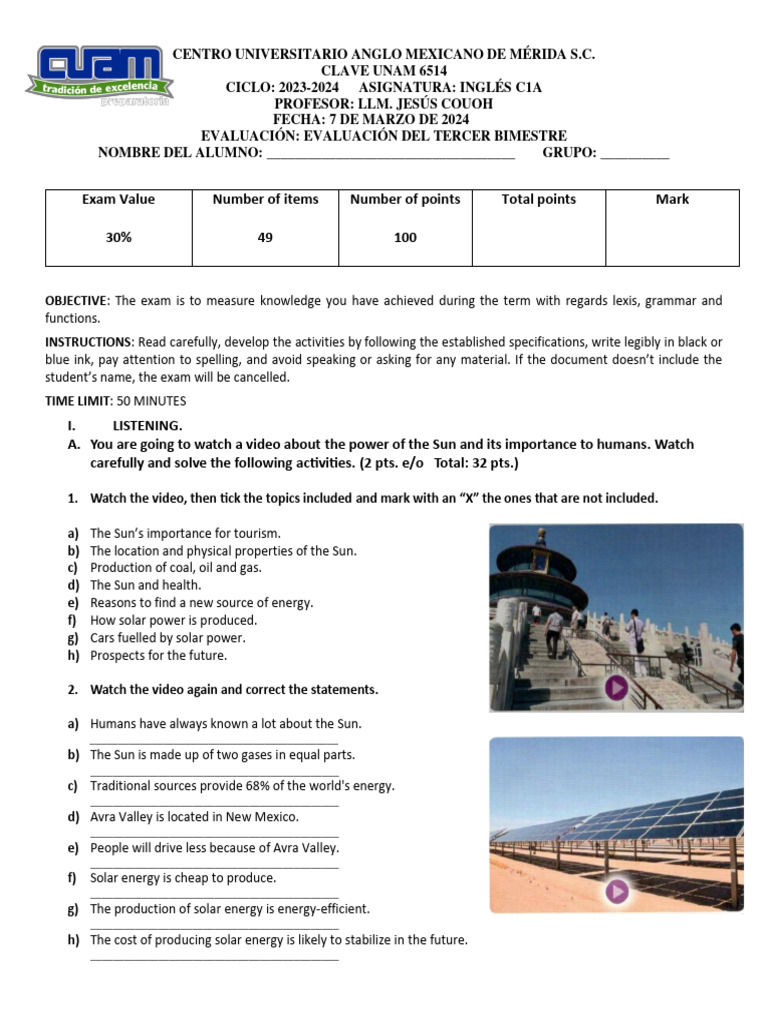 English C1A Exam Evaluation 2023-2024 | PDF
