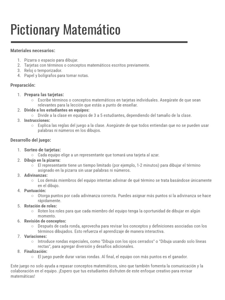 Juego Pictionary Matemático | PDF | Crecimiento personal y profesional ...