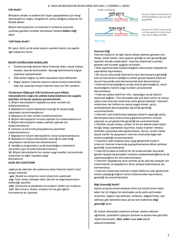 9.siniflar 1.dönem 1.sinav Notlari | PDF