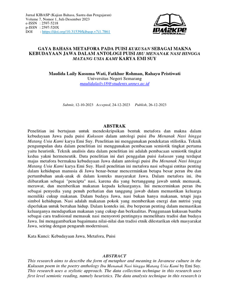 Gaya Bahasa Metafora Pada Puisi Kukusan Sebagai Makna Kebudayaan Jawa ...