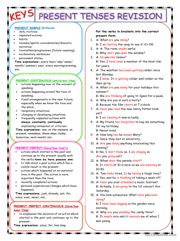 PRESENT TENSES REVISION KEYS | PDF | Grammatical Tense | Language Families