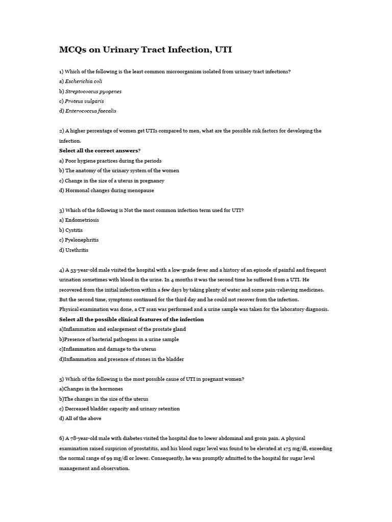 MCQs On Urinary Tract Infection | PDF | Urinary Tract Infection ...