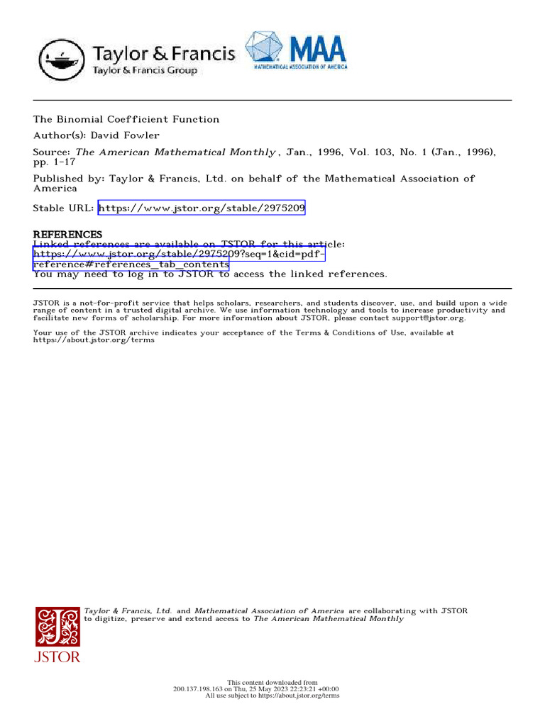 Story The Binomial Coefficient Function Pdf Function Mathematics Algebra 