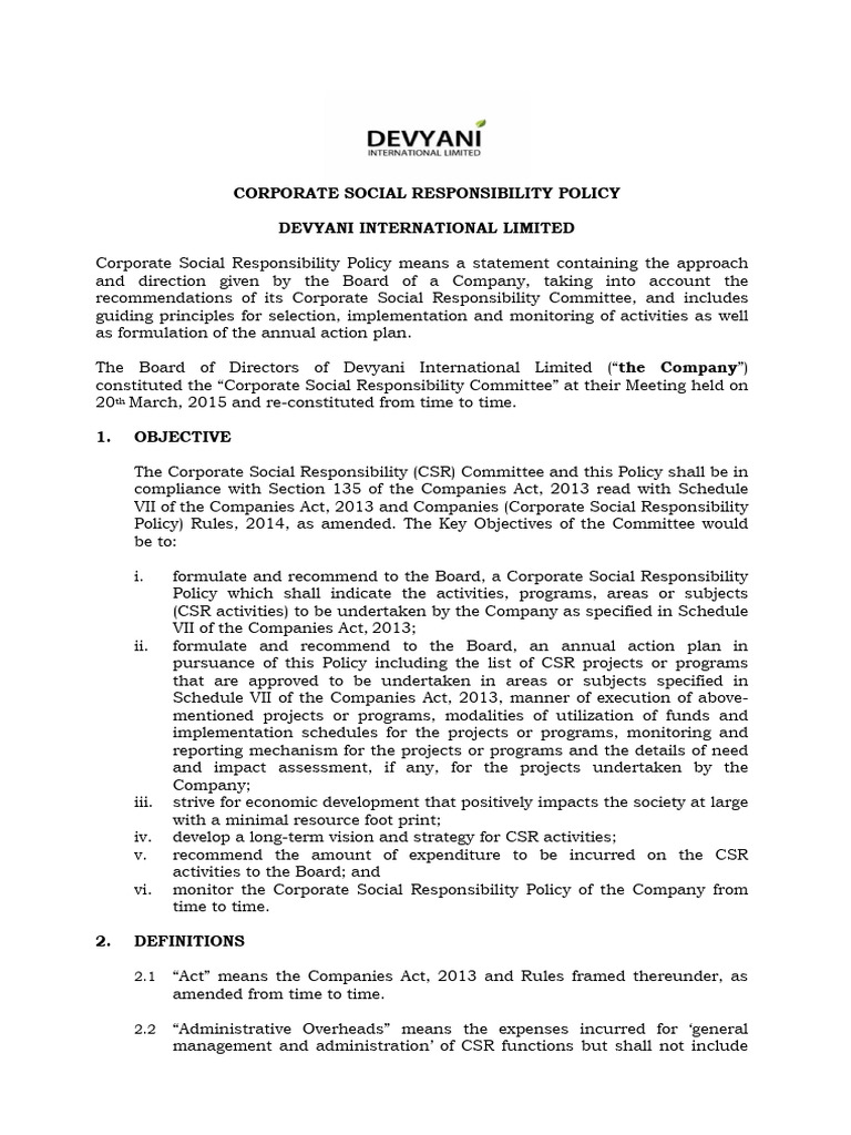 Corporate Social Responsibility Policy | PDF | Corporate Social ...