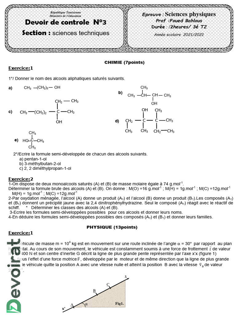 Devoir de Contrôle N°3 - Sciences Physiques - 3ème Technique (2021-2022) MR Foued Bahlous | PDF