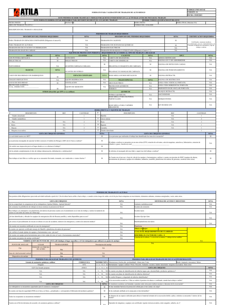 Fmt-sst-02 Formato para Validación de Trabajos de Alto Riesgo - (Altura y Caliente, Sustancias ...