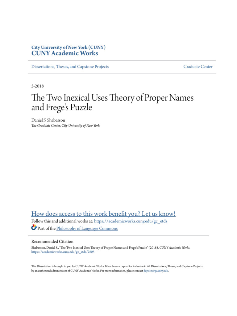The Two Inexical Uses Theory of Proper Names and Frege's Puzzle | PDF ...