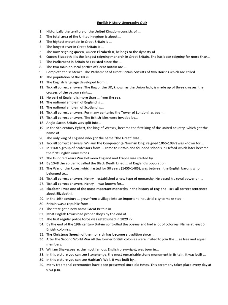 UK History and Geography Quiz | PDF | Kingdom Of England | United Kingdom