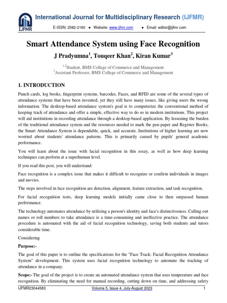 Smart Attendance System Using Face Recognition: J Pradyumna, Touqeer Khan, Kiran Kumar | PDF ...