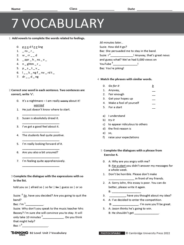 B2 Vocabulary Exercises on Feelings | PDF
