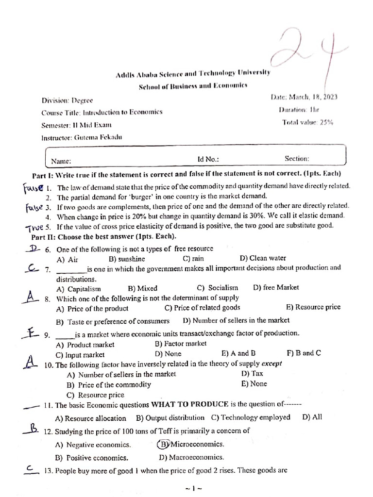 @aconcise Economics Mid Exam AASTU 2014 EC | PDF