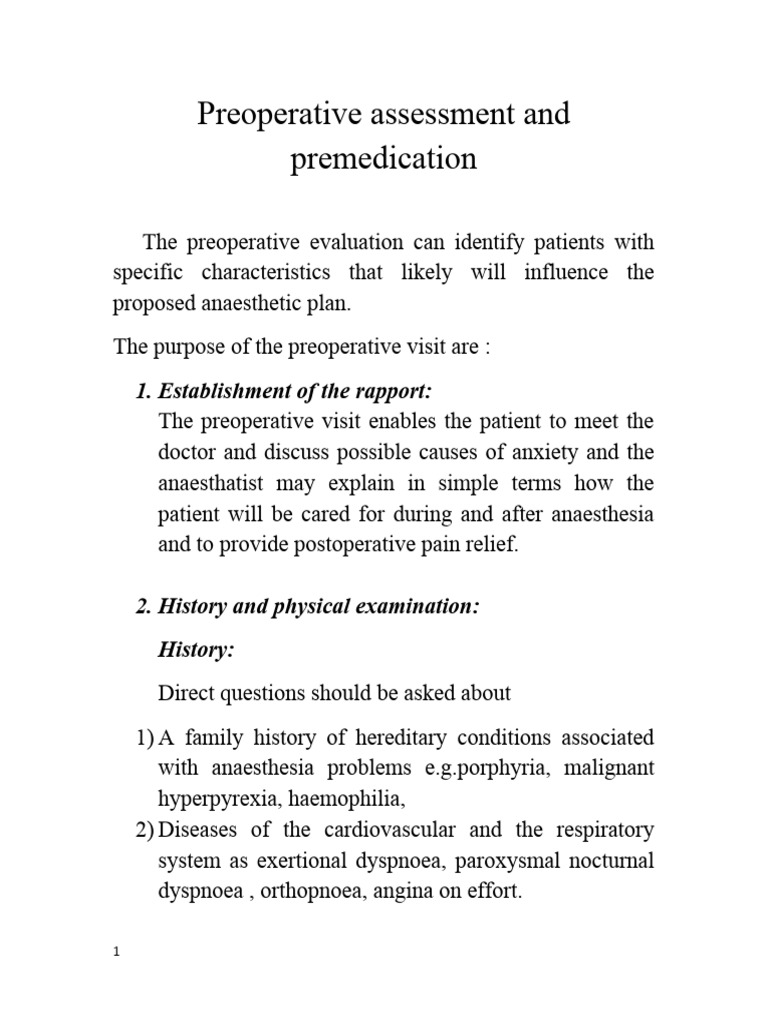 Preoperative Assessment and Premedication | PDF | Anesthesia | Surgery