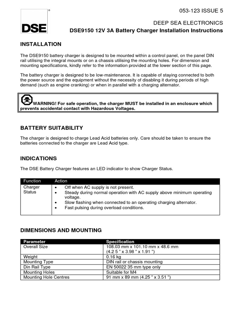 DSE9150 12V 3A Battery Charger Installation Instructions | PDF